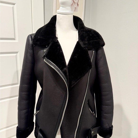 Zara | Jackets & Coats | Zara Black Leather Jacket With Shearling ...
